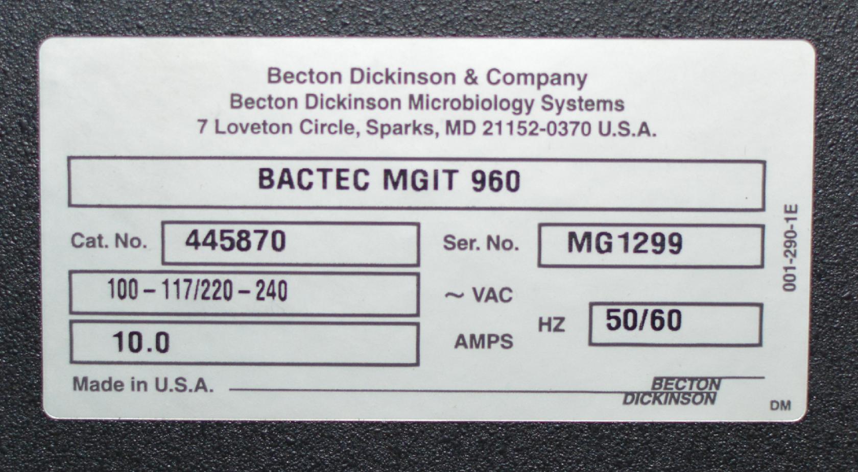 Becton Dickinson Bactec MGIT 960 Automated Mycobacterial Detection ...